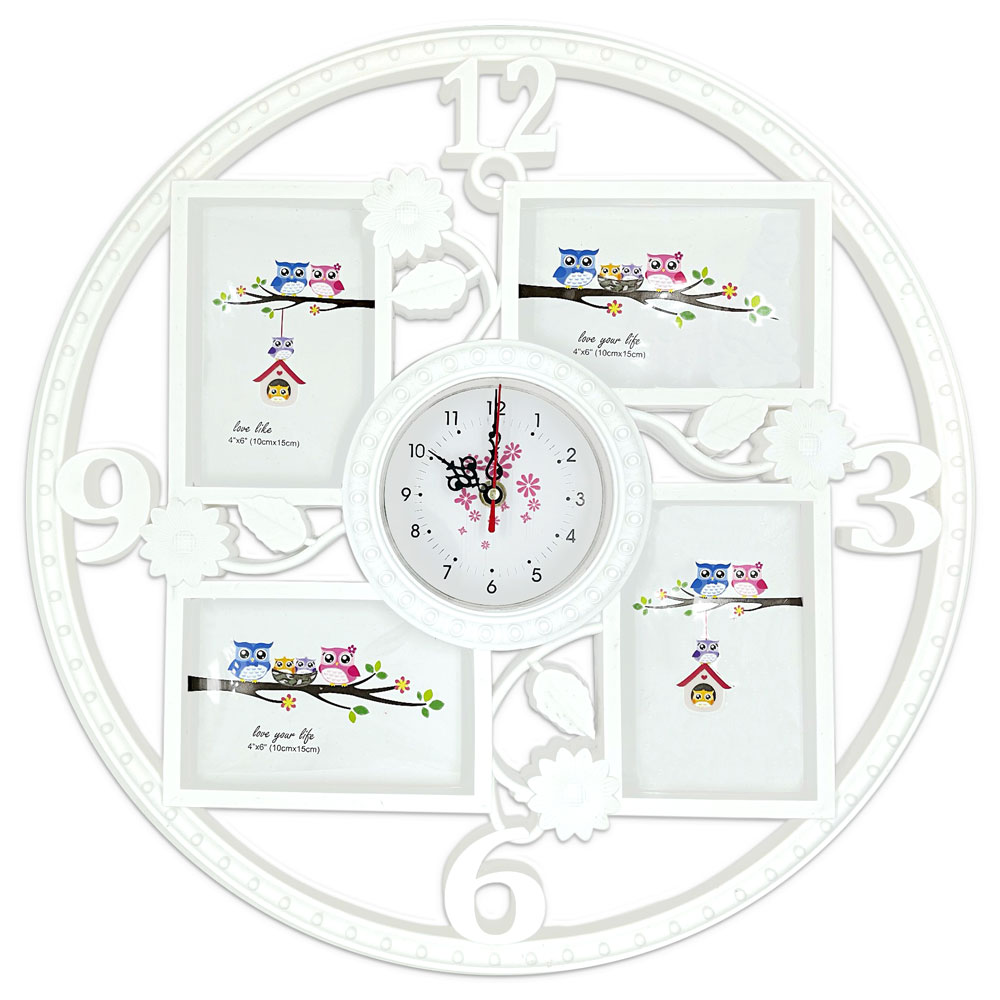 Часовник, колажна рамка за снимки Rhainer Round, Бял, За 4 снимки 10x15 ...