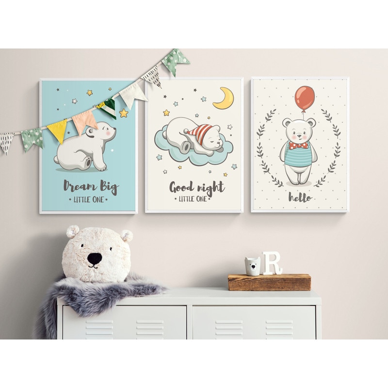 Set 3 tablouri, Intaglio, Stil Animatie, color, Ursulet, fara rama ...