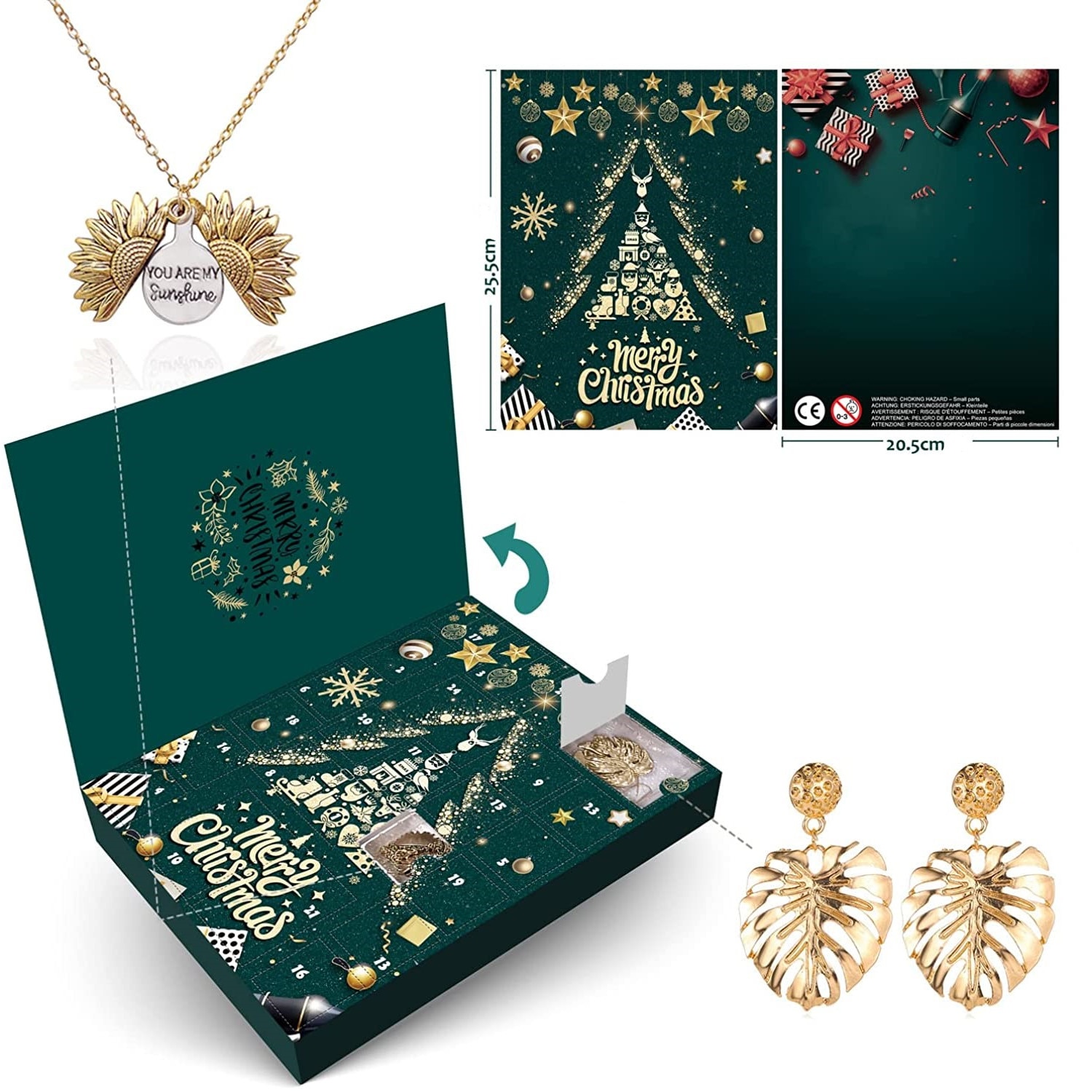 Set Calendar de Craciun, Calendar cu bijuterii cadou, verde, auriu ...