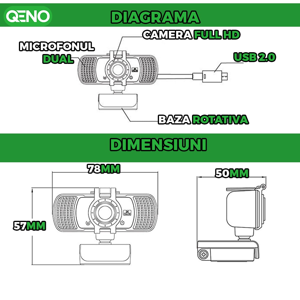 Camera Web Qeno®, Webcam 2K Ultra-HD, Microfon Reducere Zgomot ...