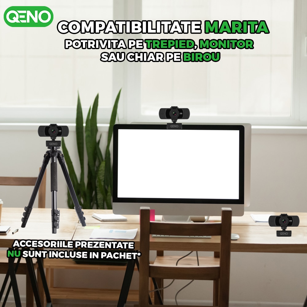 Camera Web Qeno®, Webcam 2K Ultra-HD, Microfon Reducere Zgomot ...