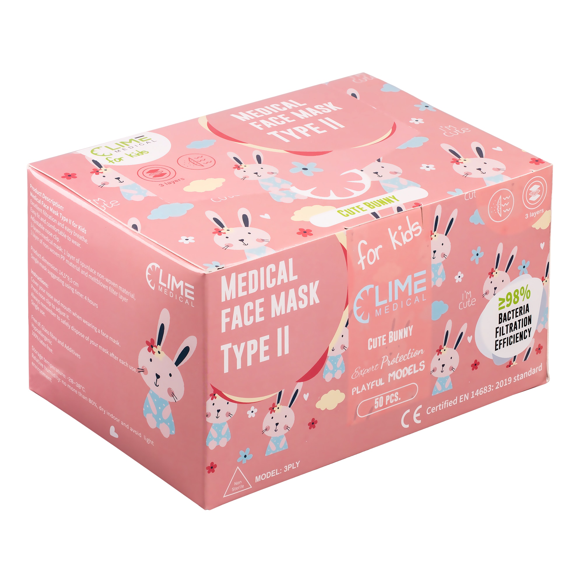 Комплект от 50 детски хирургически маски, тип II, 3 слоя, сладко зайче ...