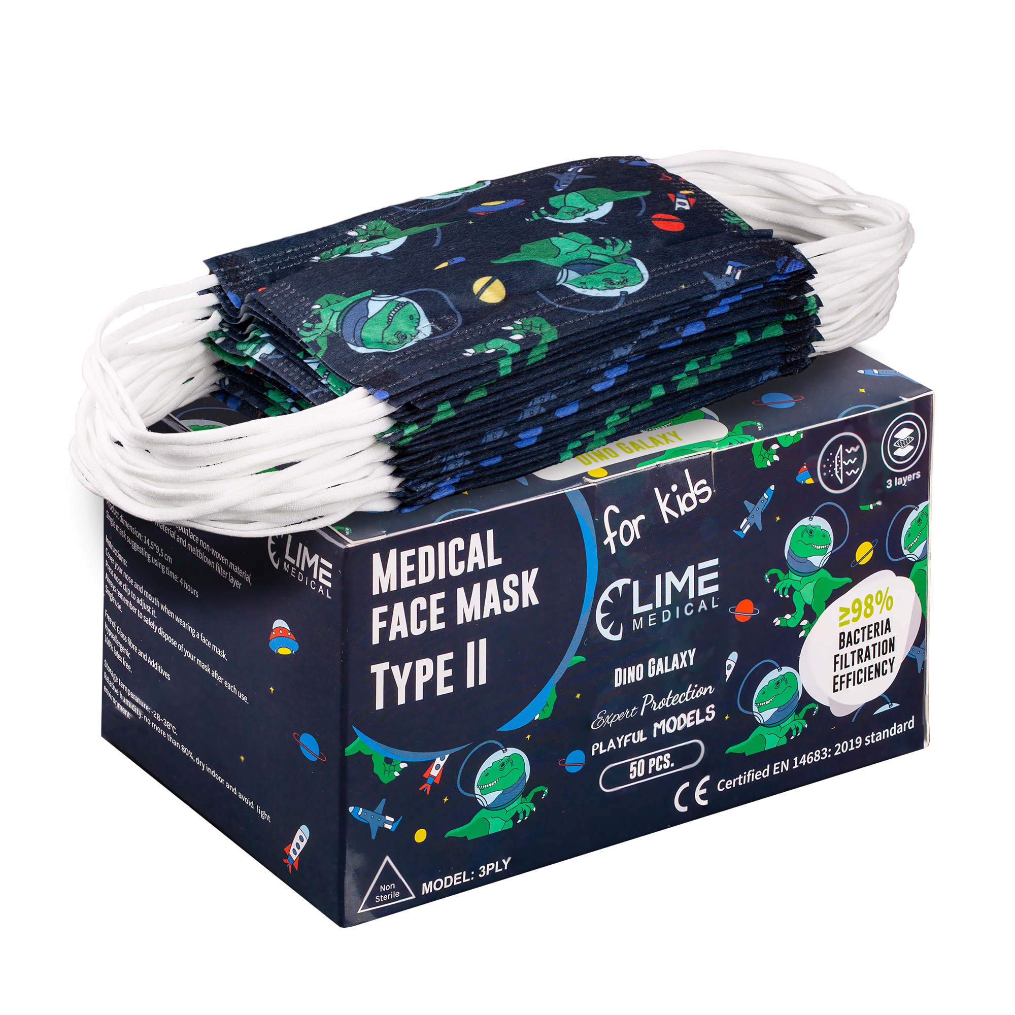 Set 50 Masti Chirurgicale Copii, Tip II, 3 straturi, Dino Galaxy, LIME ...