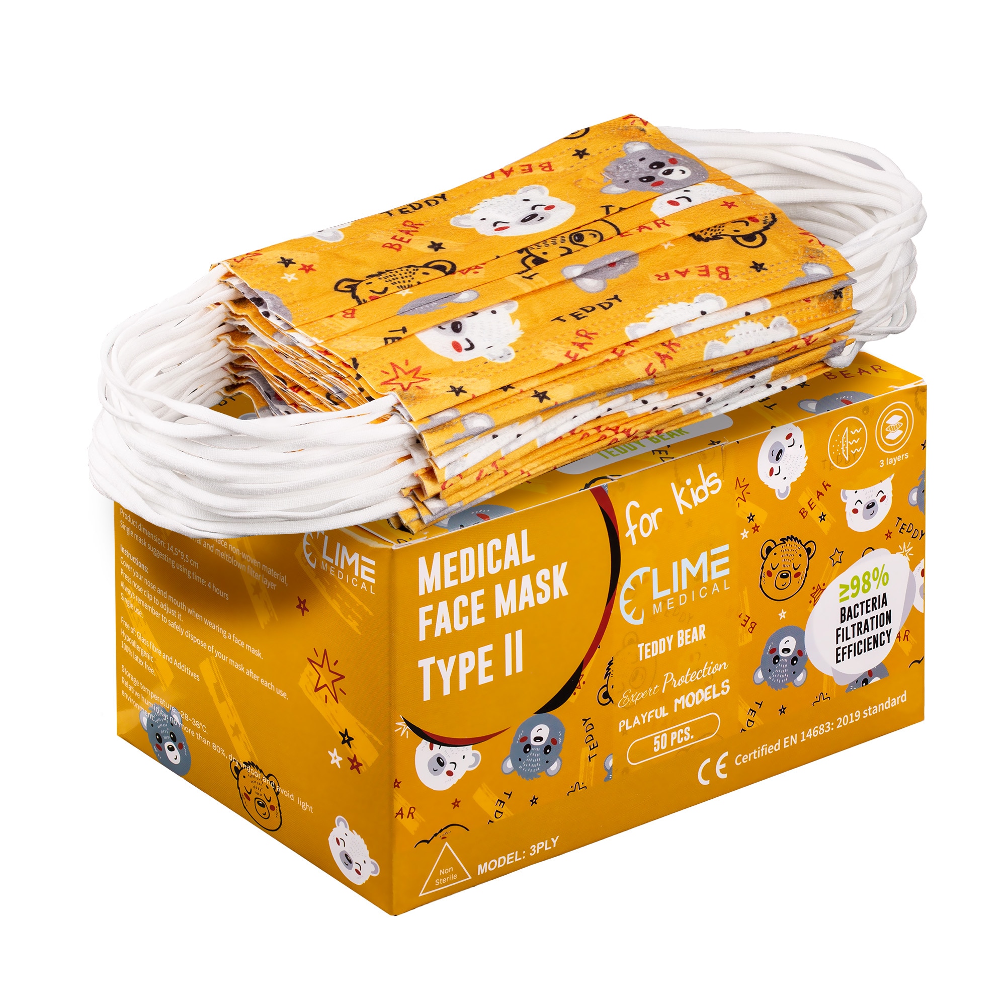 Комплект от 50 детски хирургически маски, тип II, 3 слоя, плюшено мече ...