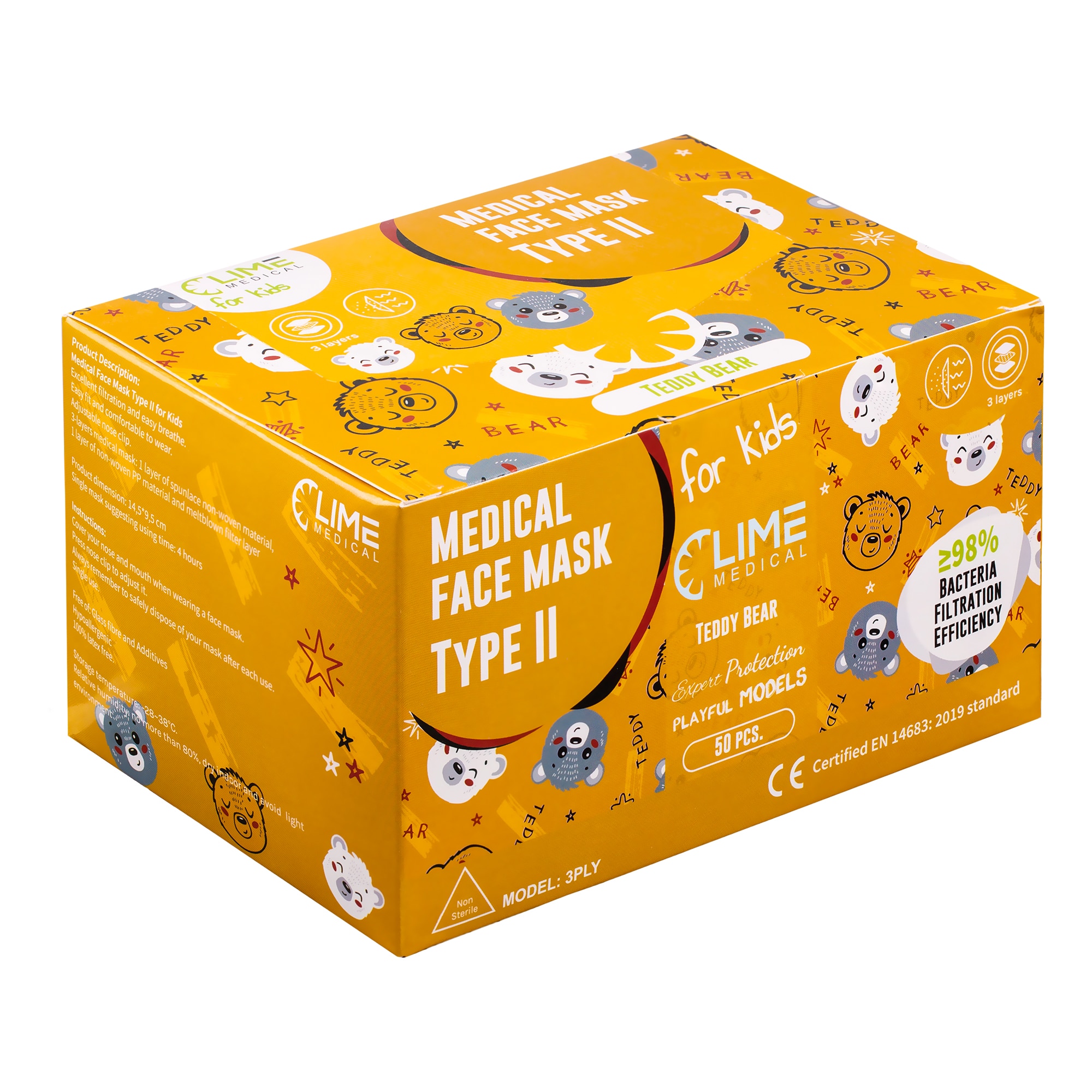 Set 50 Masti Chirurgicale Copii, Tip II, 3 straturi, Teddy Bear, LIME ...