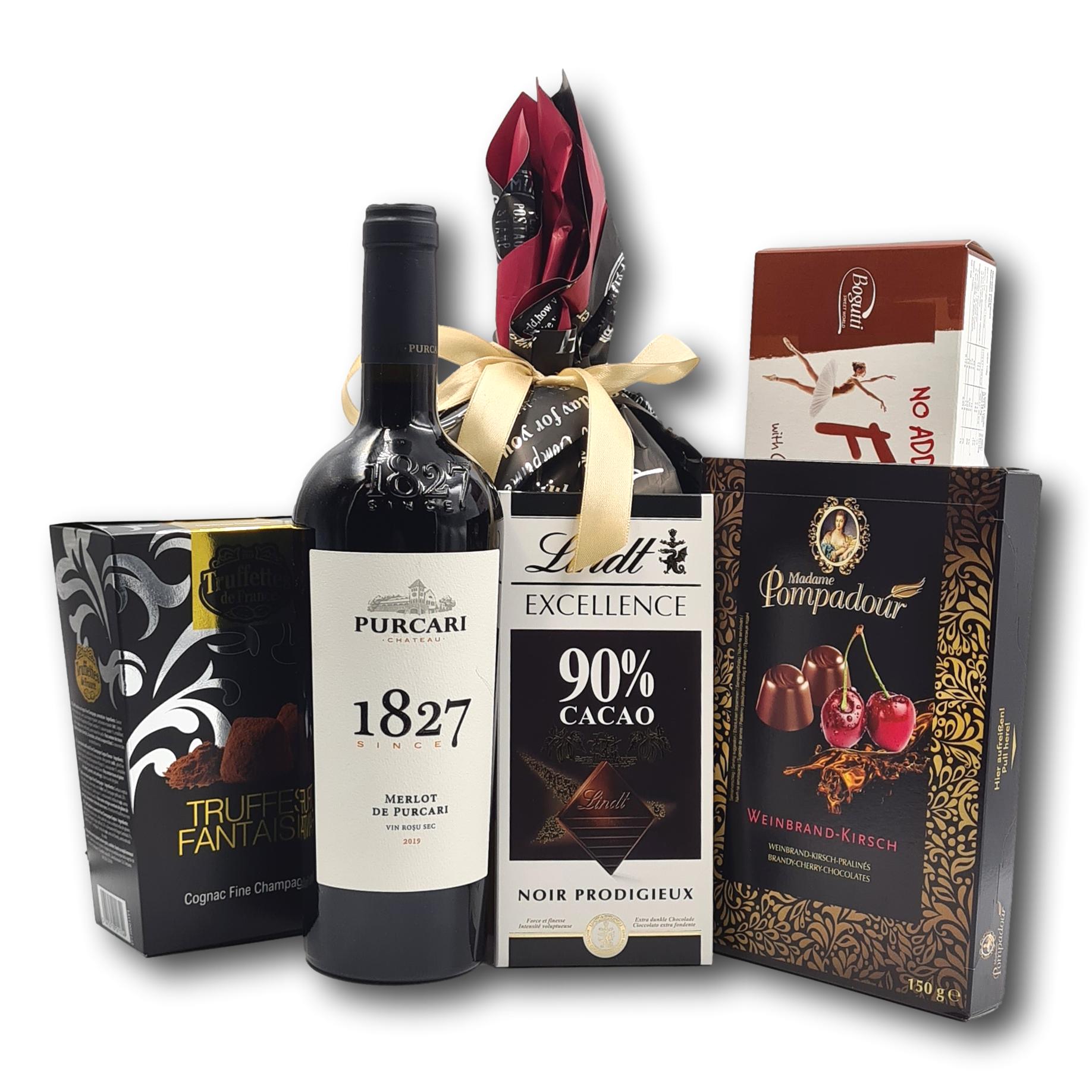 Подаръчен пакет Dark, Червено вино, Трюфели, Шоколадови пралини ...