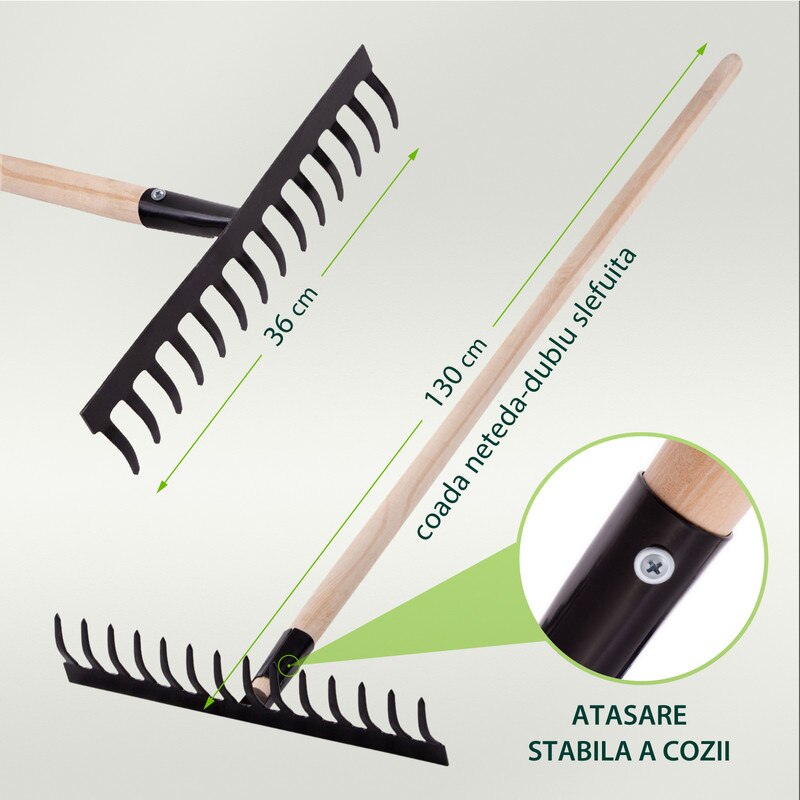 Grebla cu 14 dinti drepti din metal, coada din lemn, latime 36 cm, 120 ...