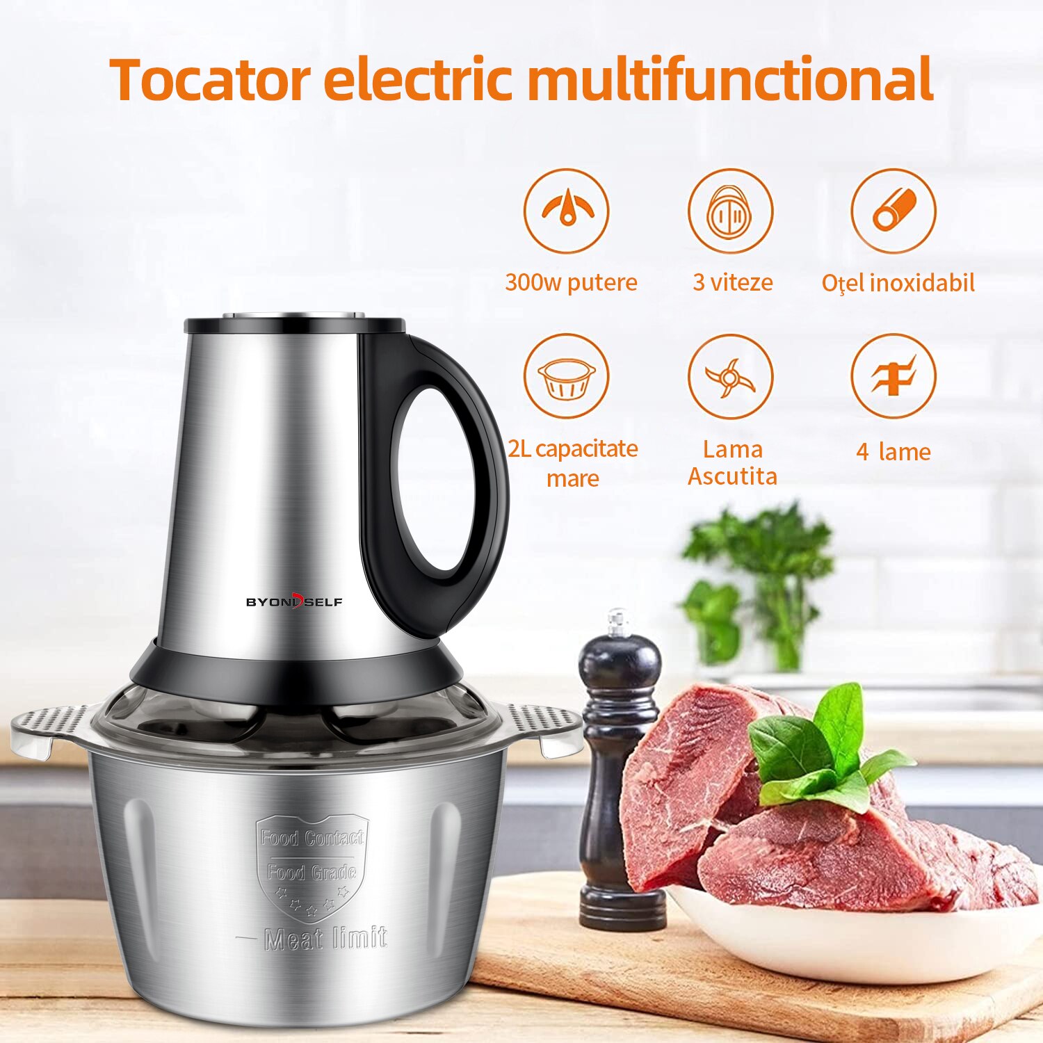 Tocator electric BYONDSELF®, 300W, bol inox 2L, 4 cutite din inox, baza ...