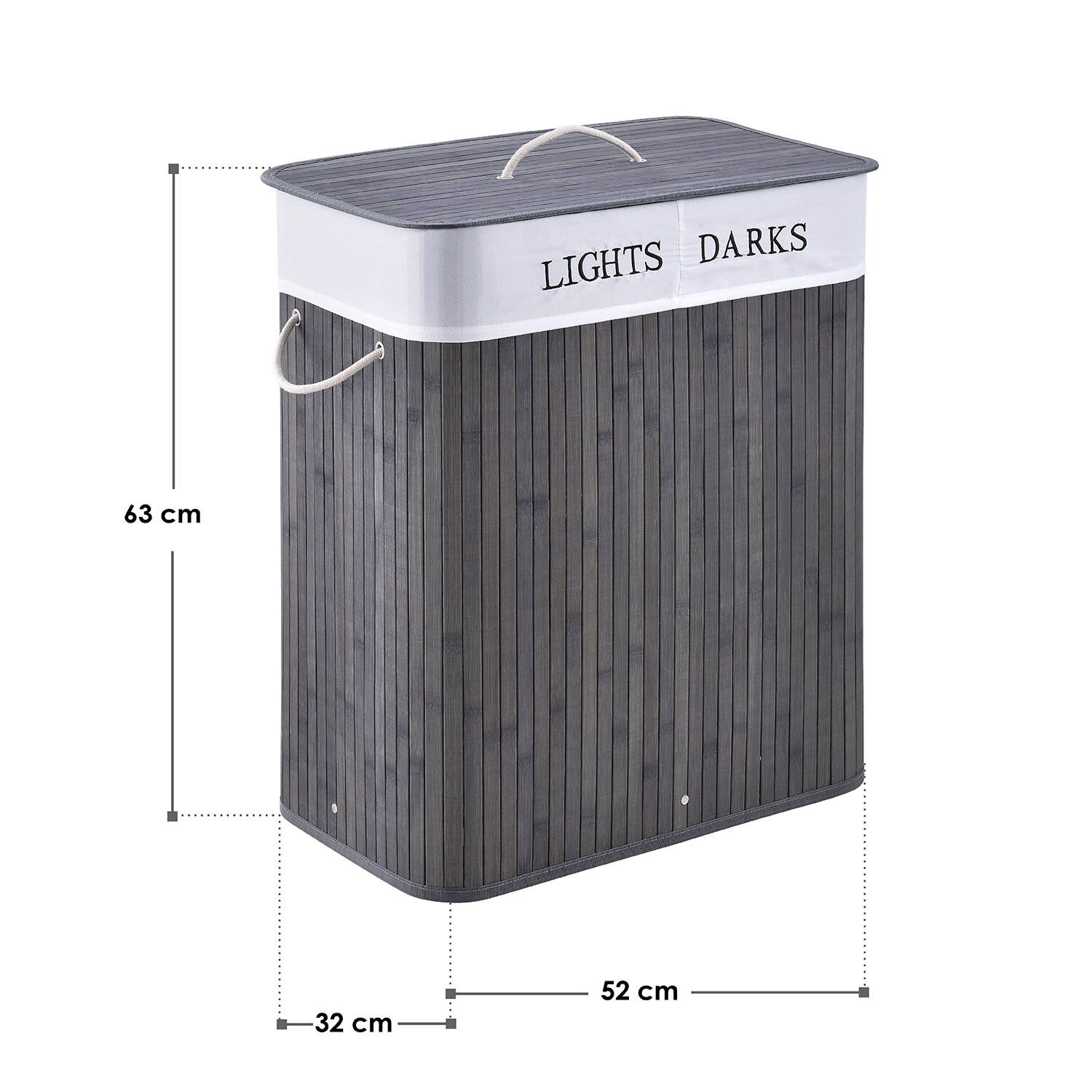 Cos rufe cu capac, 100 l, 2 compartimente, pliabil, bambus, 52 x 32 x ...