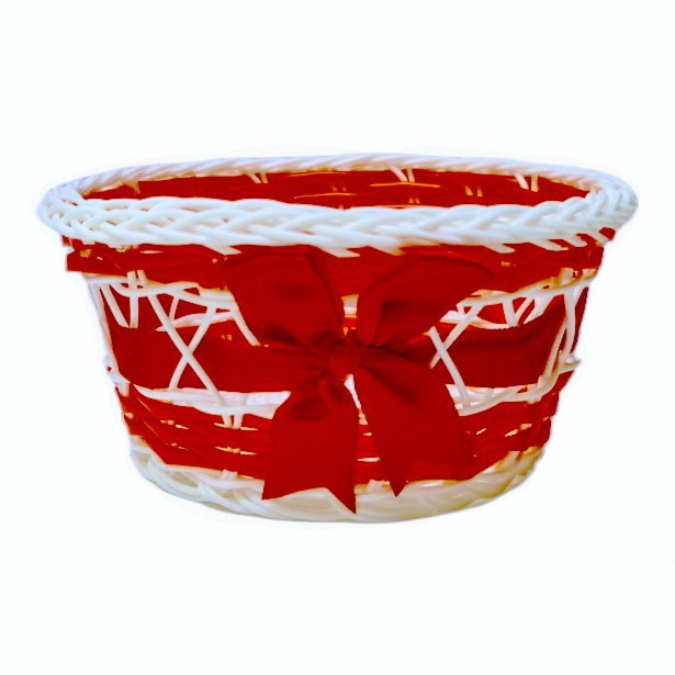 Cos impletit din plastic, cu toarta, alb cu panglica rosie, diametrul 15 cm - eMAG.ro