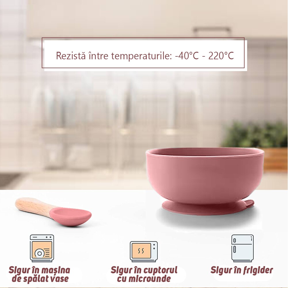 Set hranire bebe din silicon, 1 bol cu ventuza, lingurita si furculita din silicon cu maner din ...