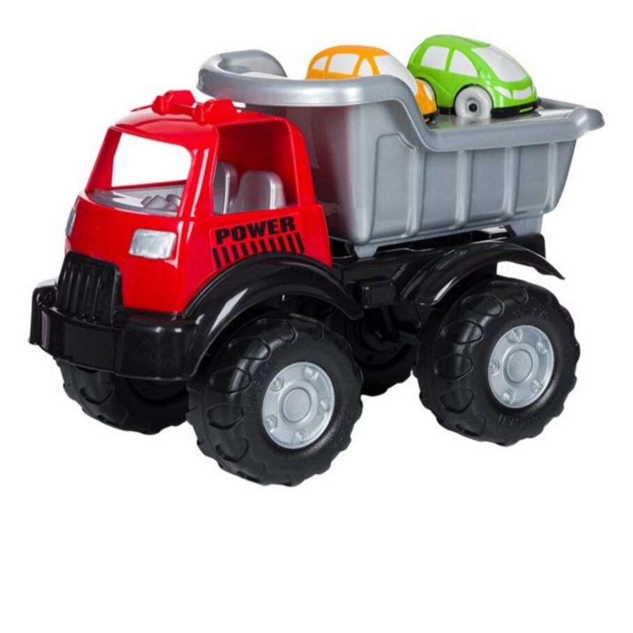 Camion de constructii cu 2 masini colorate, gri/rosu, 49x26x31 cm - eMAG.ro