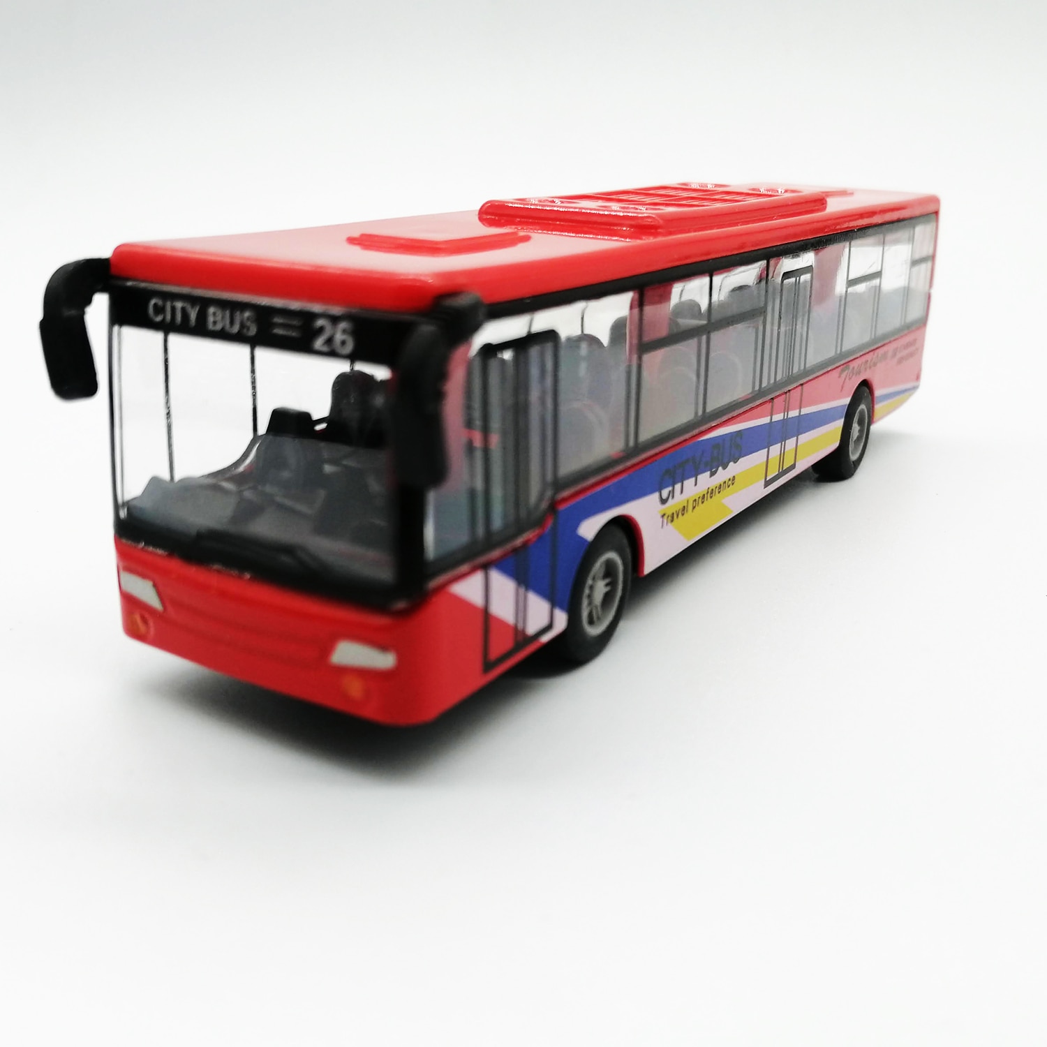 Autobuz din metal, 15cm, model clasic, rosu, motor pull-back, Vision ...