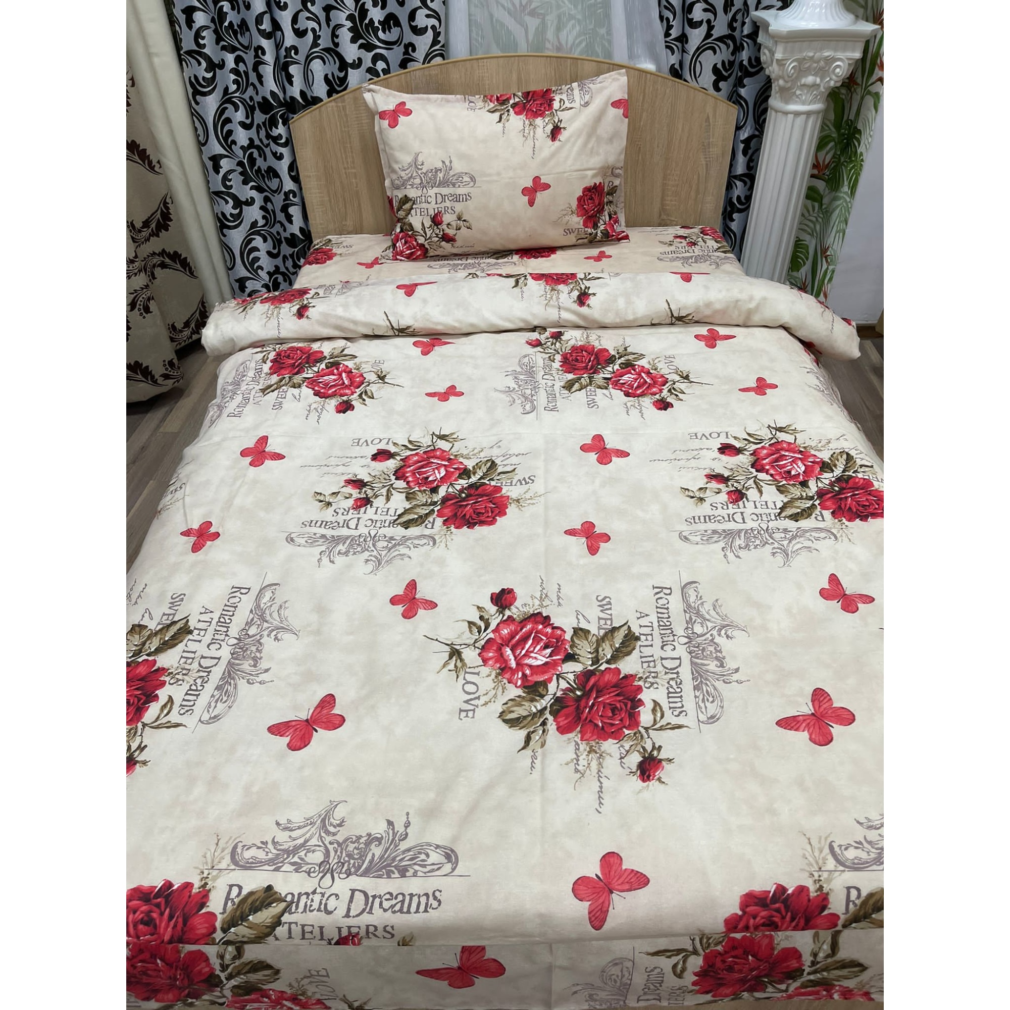 Lenjerie o persoana/trei piese pentru pat single, ivoire/rosu, pentru ...