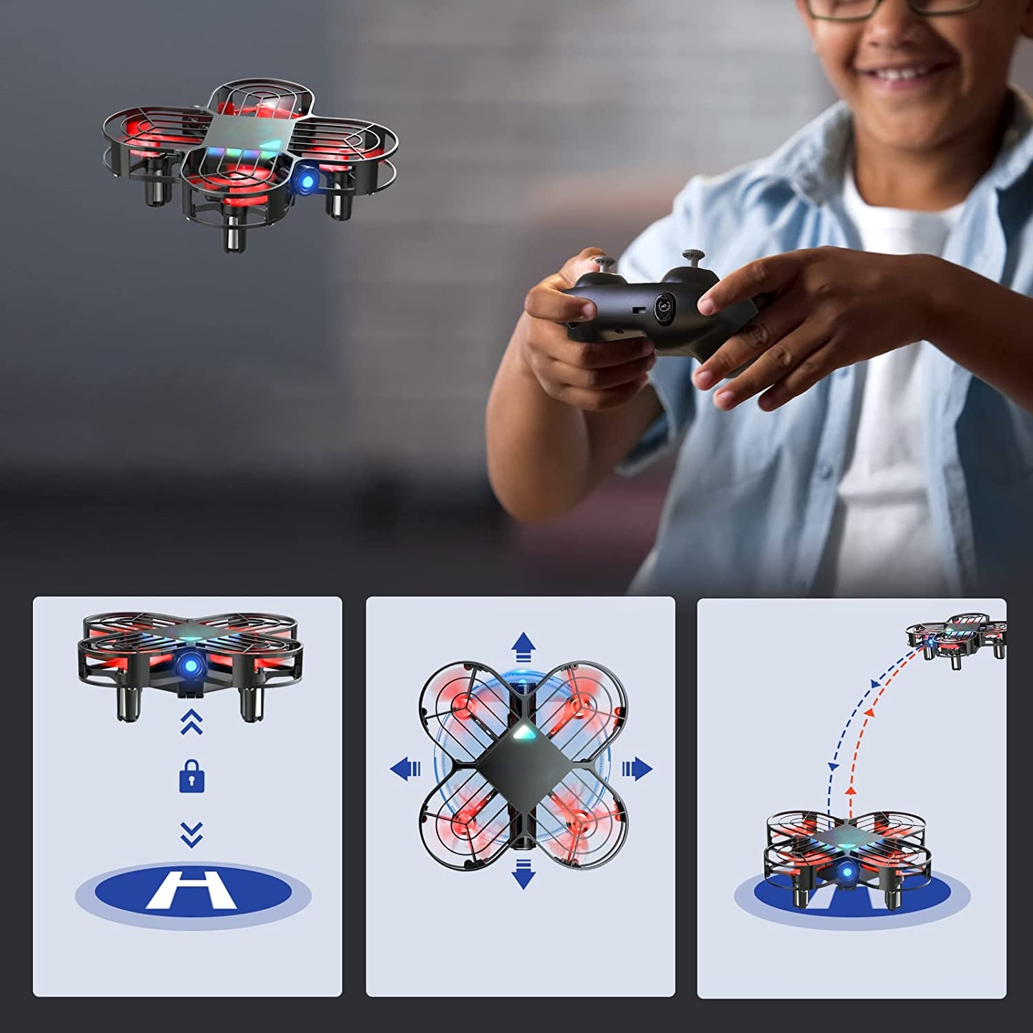 Mini drona A22 pentru Copii si Adulti, 2 Baterii reincarcabile, 360 ...