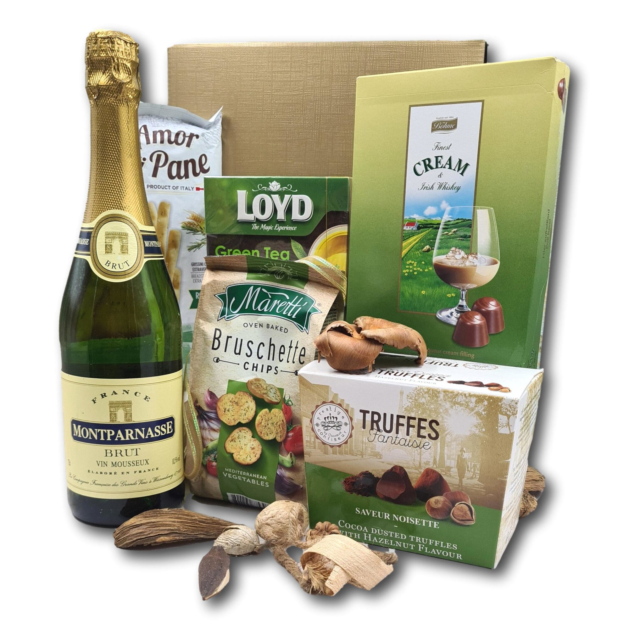 Pachet cadou asortat CADOURI PREMIUM, model Green Style, cu vin spumant ...