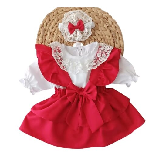 Set fustita si bluzita cu accesoriu pentru par marimea 74, alb/rosu ...