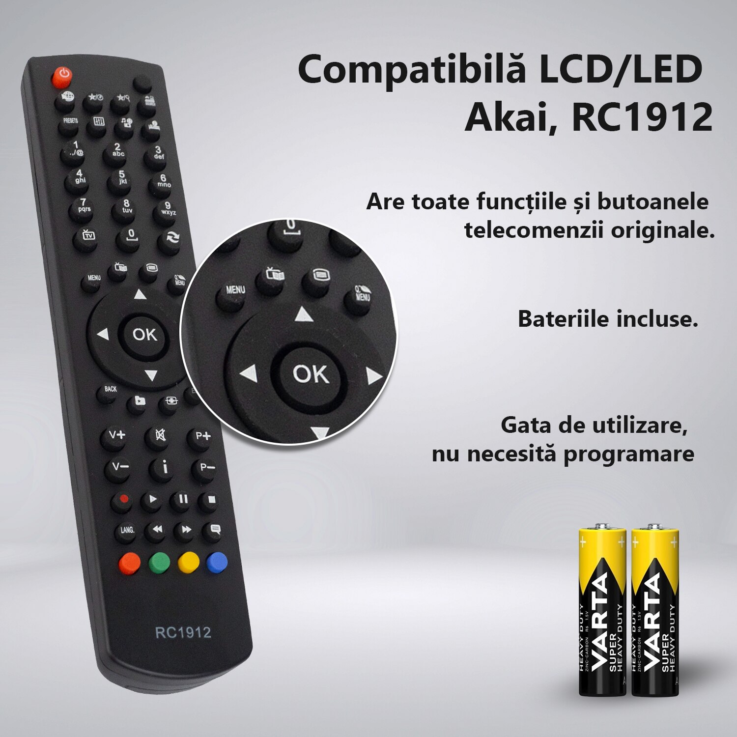 Telecomanda TV compatibila LCD/LED, Akai, RC1912, neagra, baterii ...