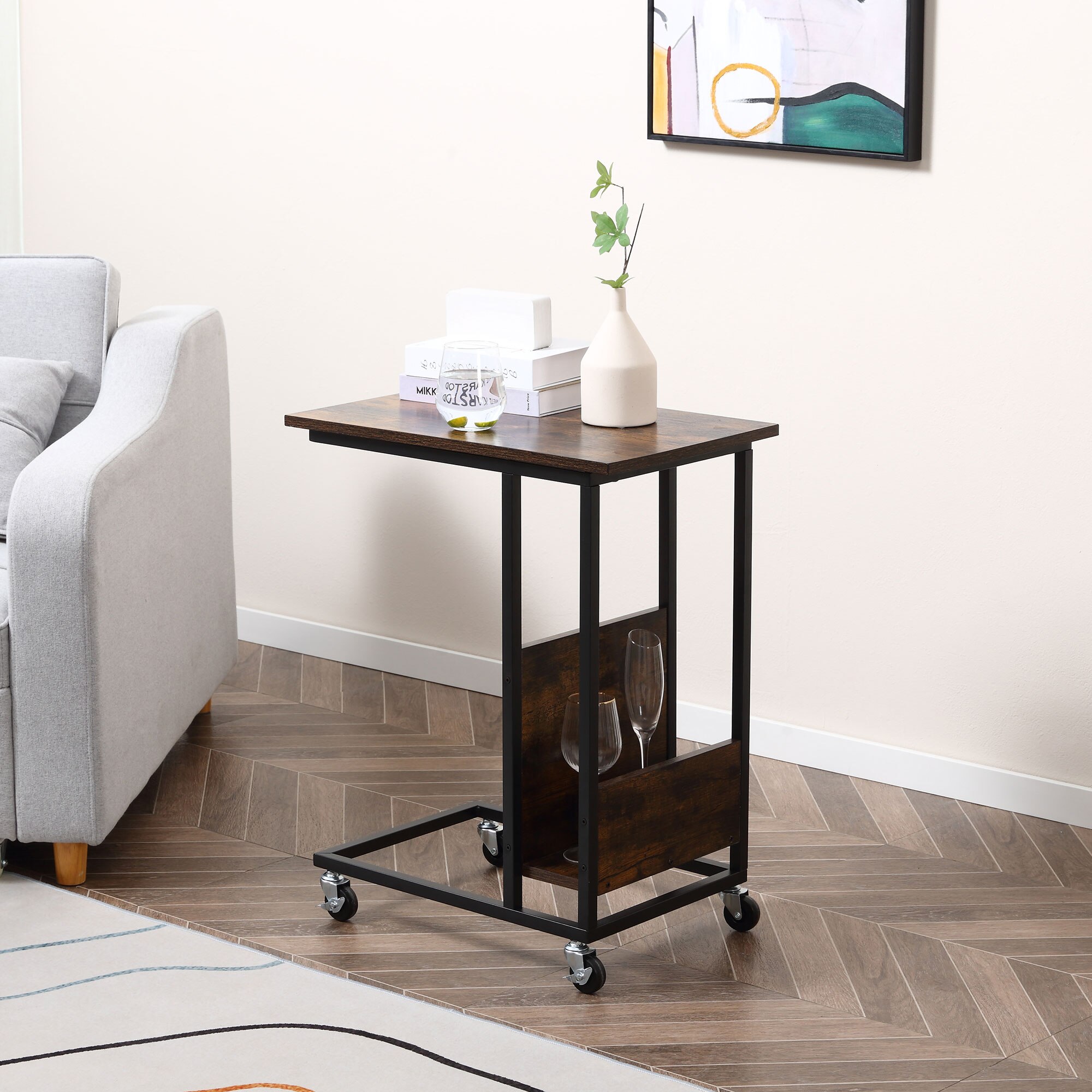 Masuta de cafea cu roti, Homcom, PAL/Metal, Raft lateral, 55 x 35 x 69 ...