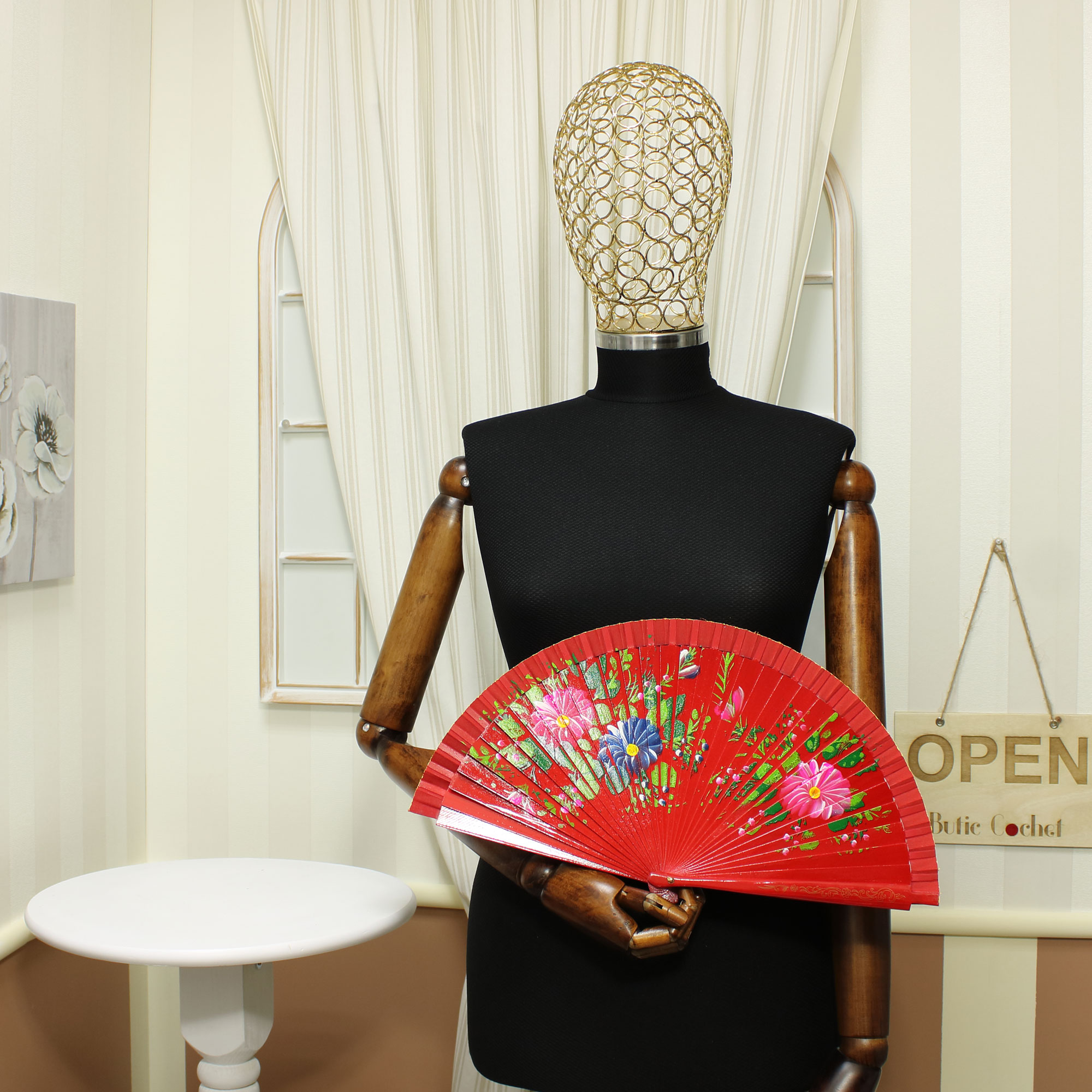 Evantai pliabil, din lemn, Buticcochet, cu model floral pictat, 23 cm ...