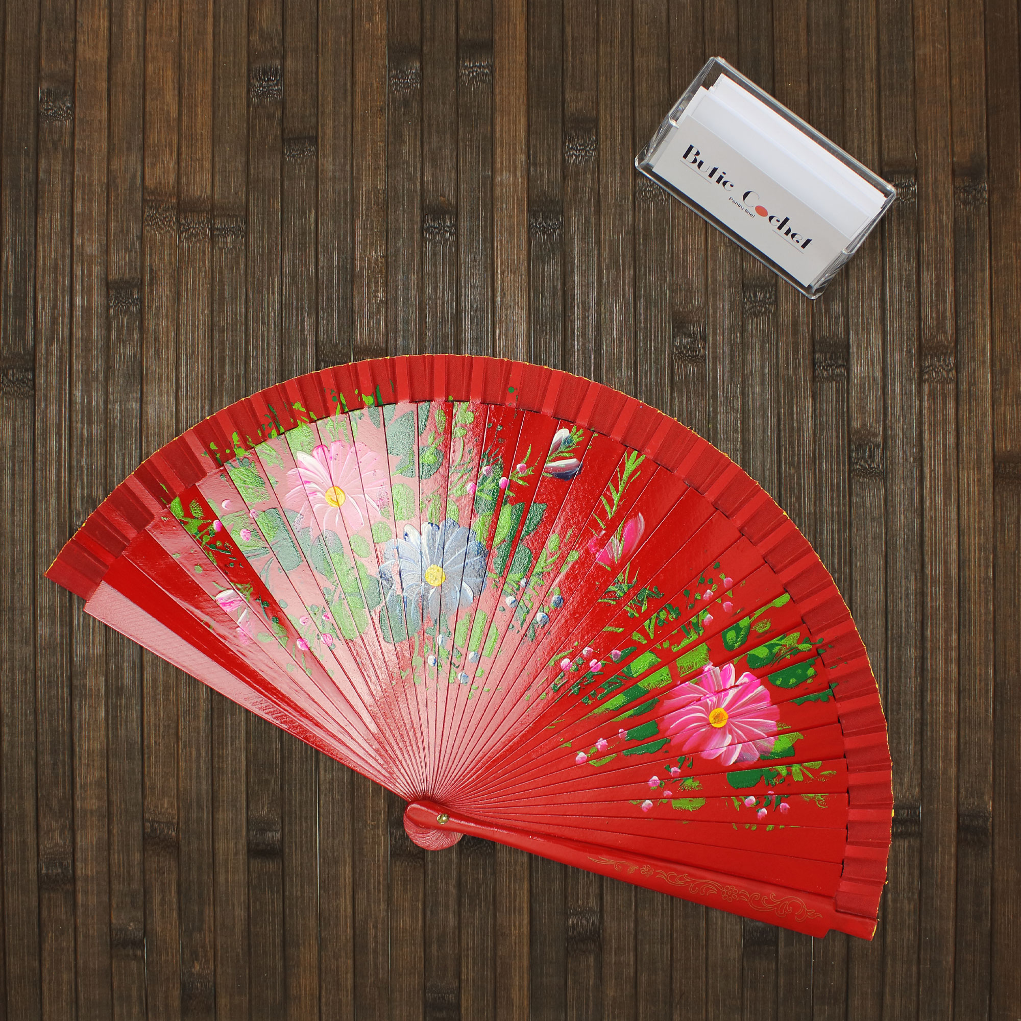 Evantai pliabil, din lemn, Buticcochet, cu model floral pictat, 23 cm ...