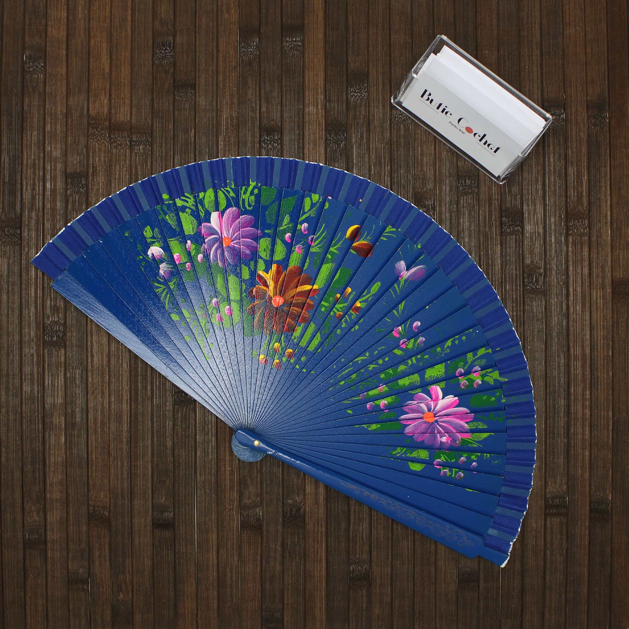 Evantai pliabil, din lemn, Buticcochet, cu model floral pictat, 23 cm ...