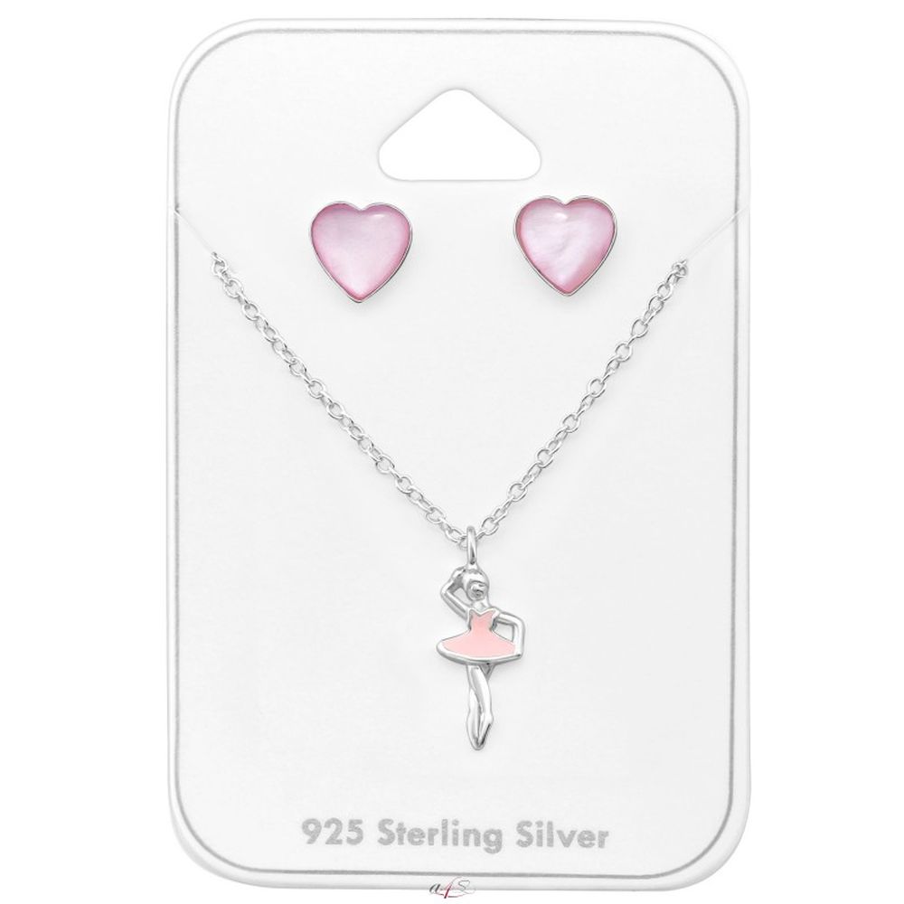 Set argint cercei inima cu lant pandantiv balerina - roz, 6 mm x 12 mm ...