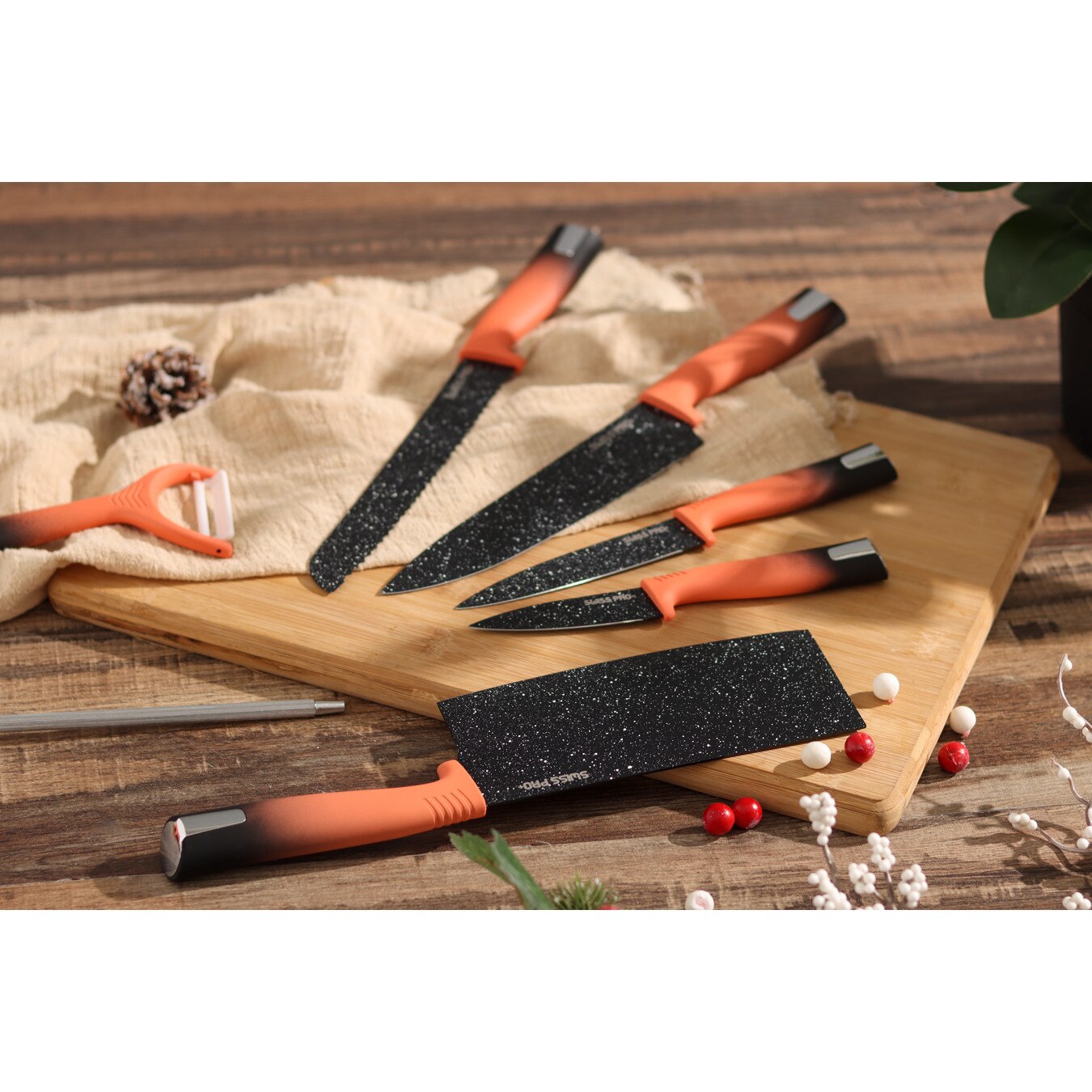 Set cutite cu suport Swiss Pro+, 8 piese, Otel, Portocaliu - eMAG.ro
