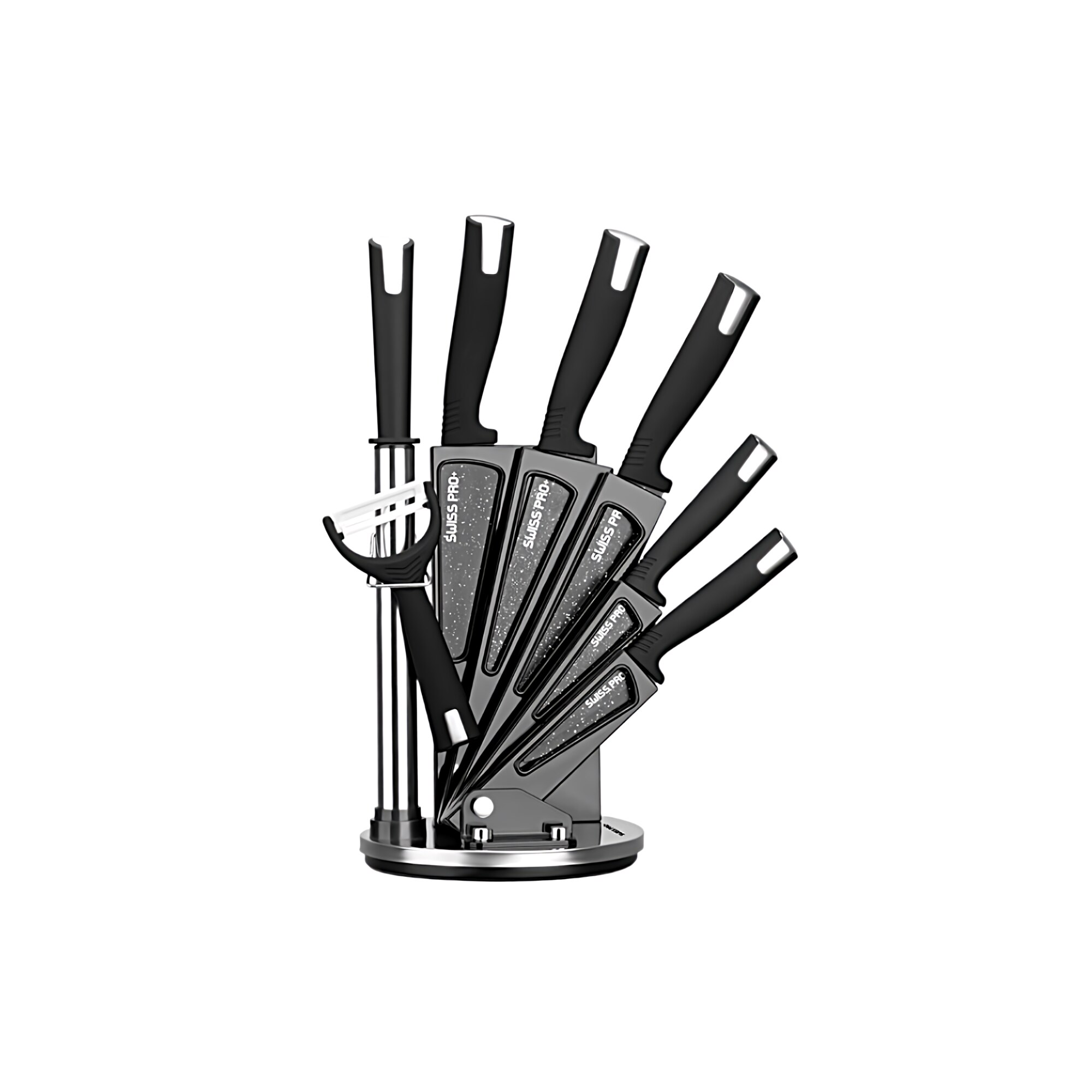 Set cutite cu suport Swiss Pro+, 8 piese, Otel, Negre - eMAG.ro