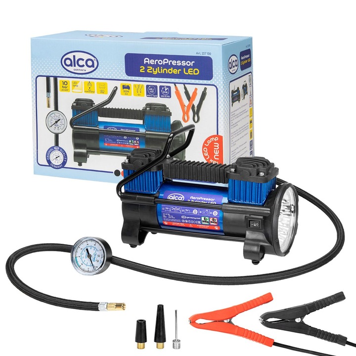 Compresor aer, auto 12V, cu 2 cilindri si lanterna, Kraft 60L/min 227. ...