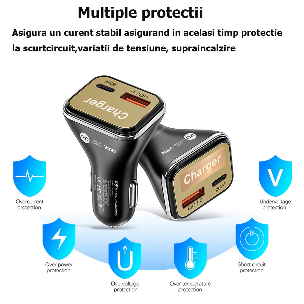 Incarcator auto Frontkare, 6A, 40W, 12V-32V (QC 3.0 + USB Tip C ...