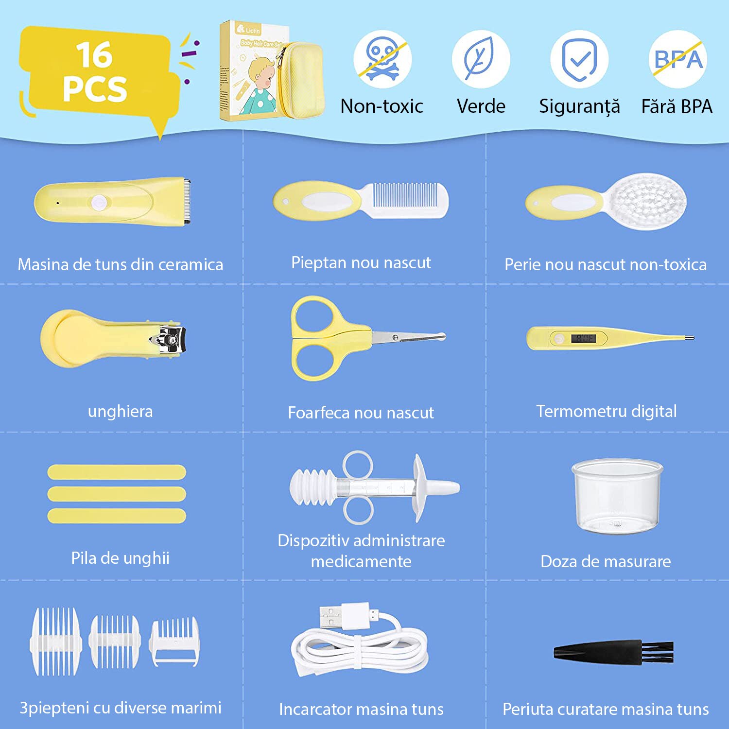 Set ingrijire bebelus - Masina de tuns, Unghiera, Foarfeca, Termometru ...