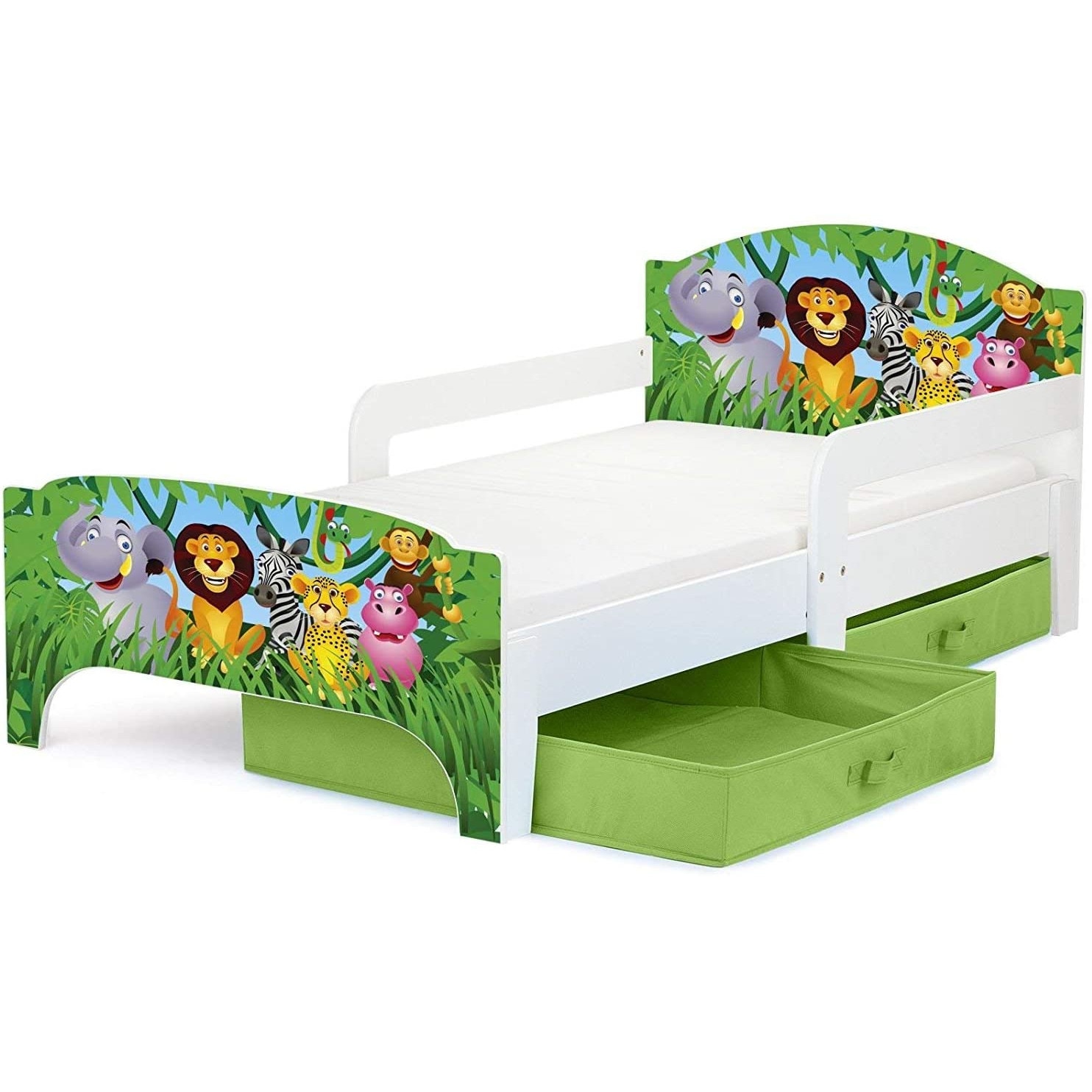 Pat cu sertare si saltea, Leomark, pentru copii, Multicolor, Animale ...