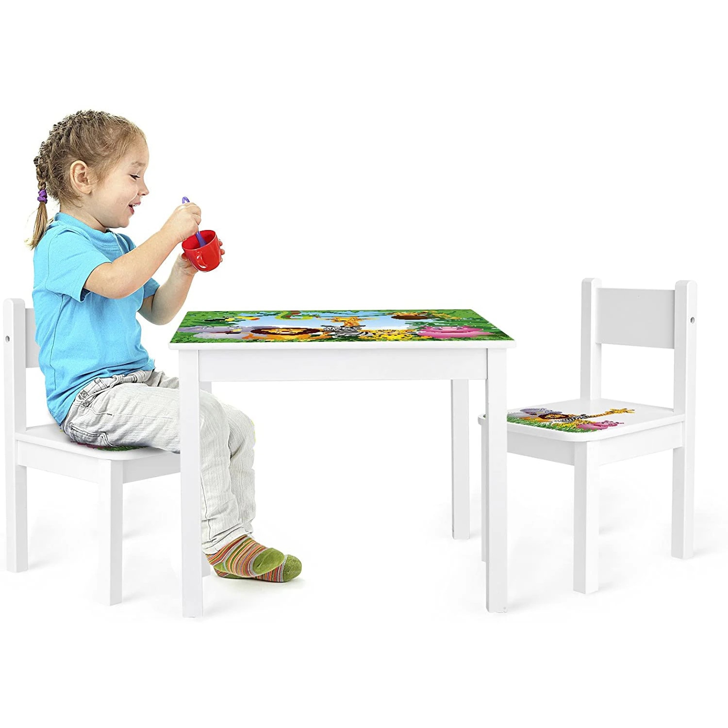Leomark Set masa si 2 scaune copii din lemn cu imprimare UV model ...