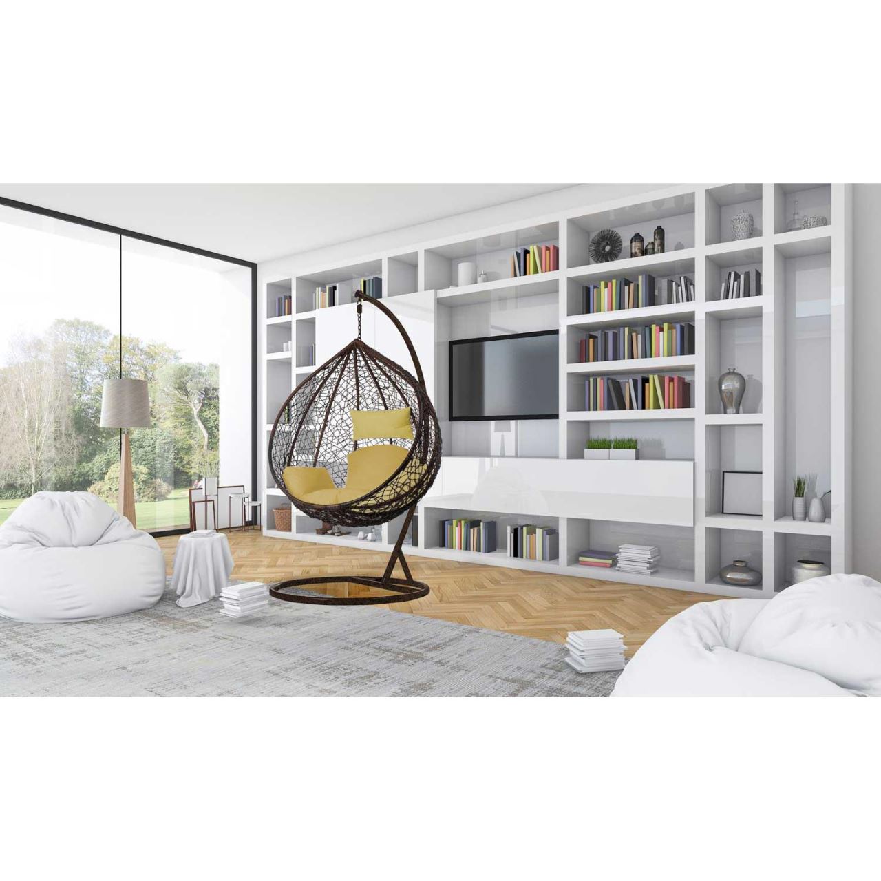 Scaun leagan suspendat, ratan sintetic, maro/galben, max 150 kg ...