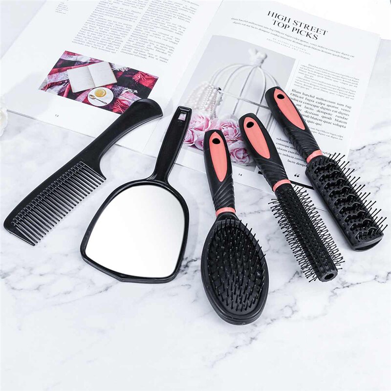 Set 5 Perii de Par, Pieptan si Oglinda cu Suport Depozitare, ABS, Negru ...