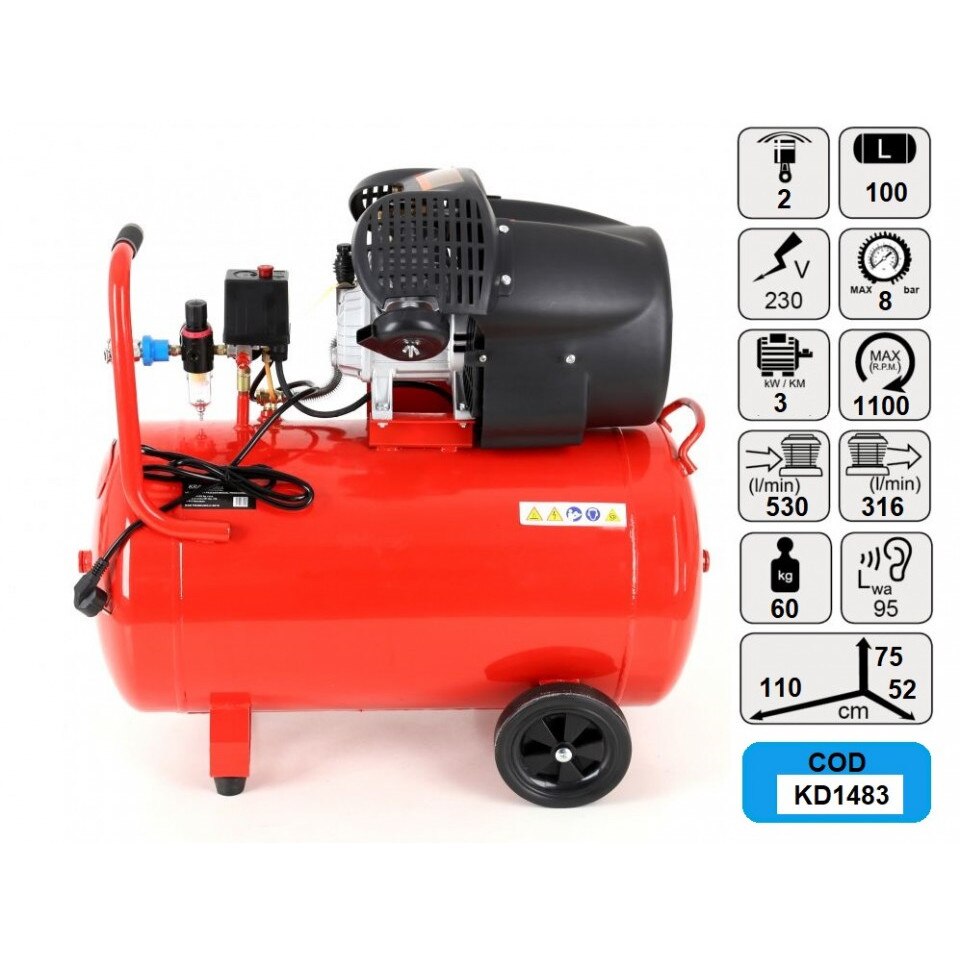 Compresor de aer industrial 100litri, 2 cilindri, 3kW, 220V 1483 - eMAG.ro