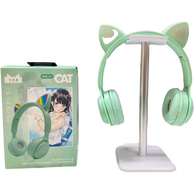 Casti Bluetooth 5.0. Y08, cu urechi de pisica, lumini colorate RGB ...