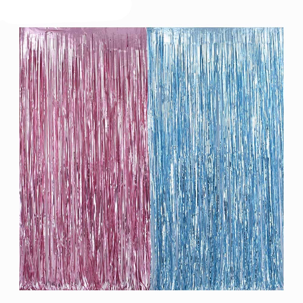 Set 2 bucati perdea decorativa, It's Party Time, din folie albastru / roz metalizat pentru ...