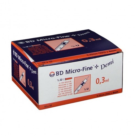 Inzulin fecskendő BD Micro-Fine Insulin 0,3ml és tű 30G 0,30x8mm 100 db ...