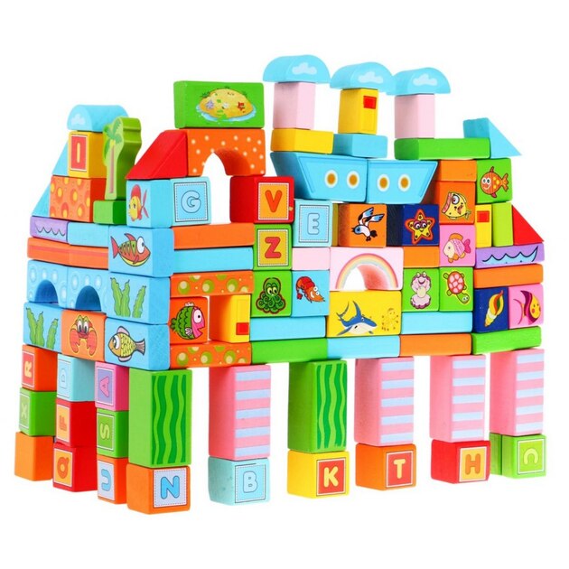 Set 100 de cuburi educative din lemn natural pentru copii, SOLTOY ...