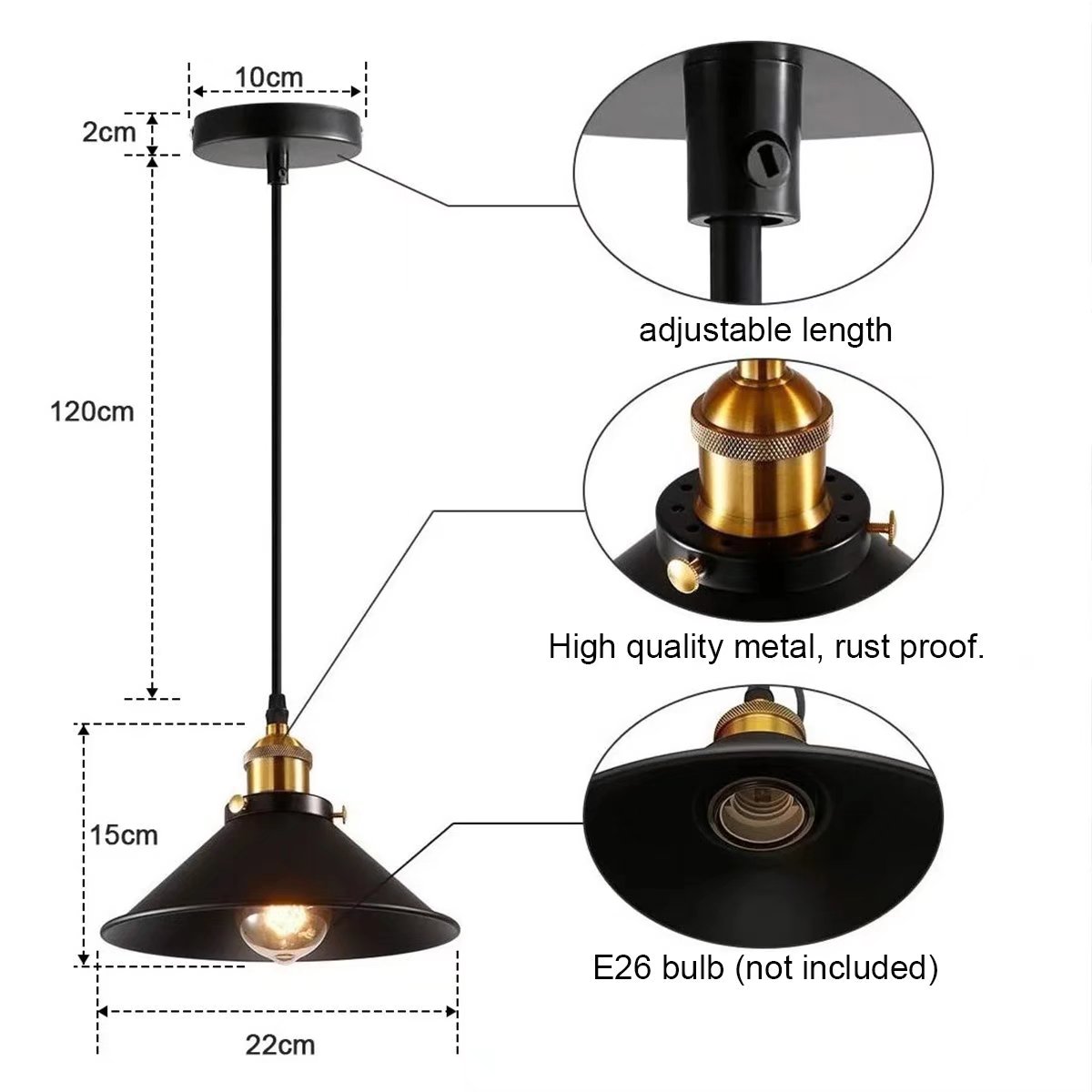 Set trei lustre, Stil industrial, Raza 22cm, E26, Inaltime reglabila ...