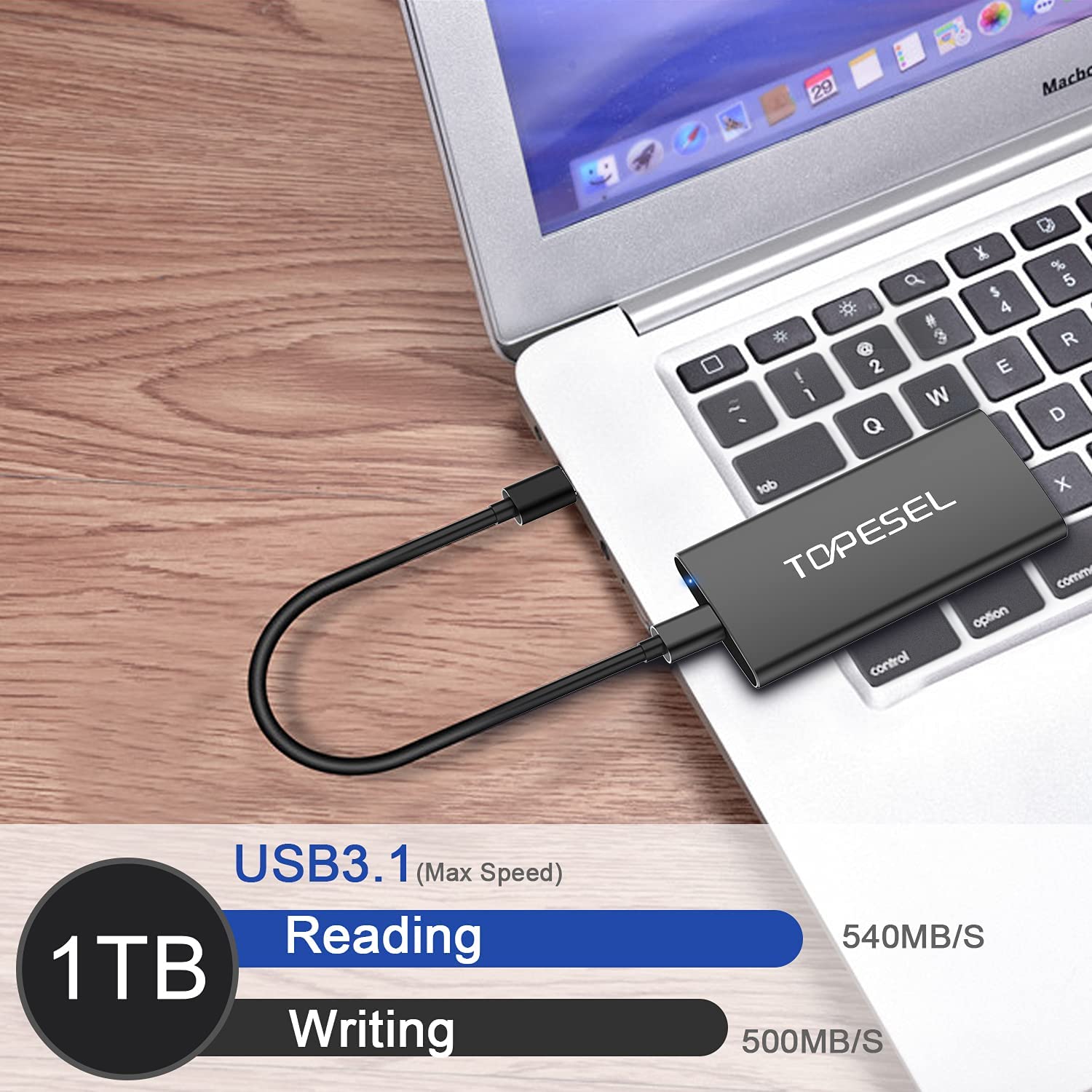 Topesel 1 TB külső SSD 500 MB/s USB C-vel Hordozható nagy sebességű ...