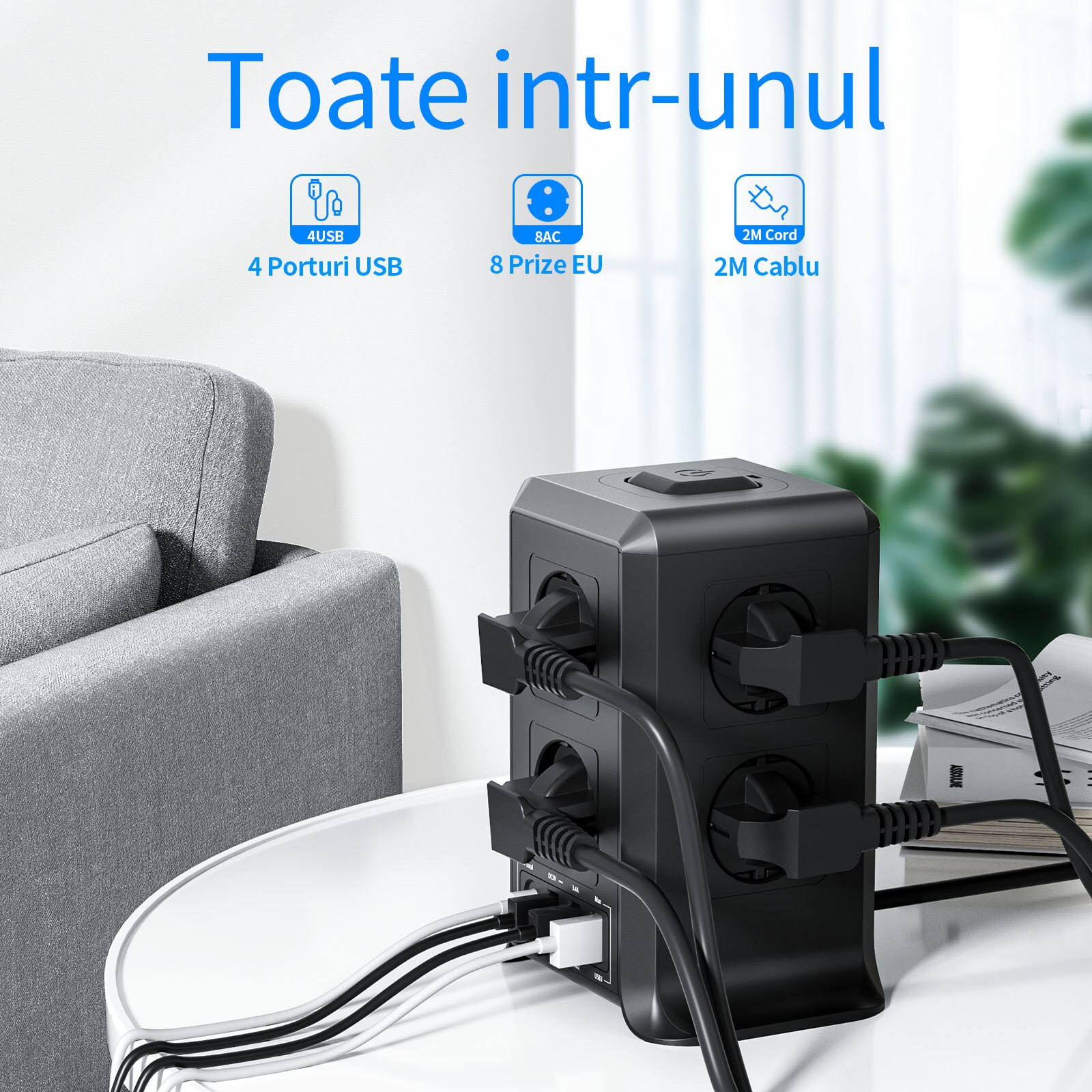 Удължител Sameriver 4 Usb порта 2 4a 8 гнезда 2 м Защита от