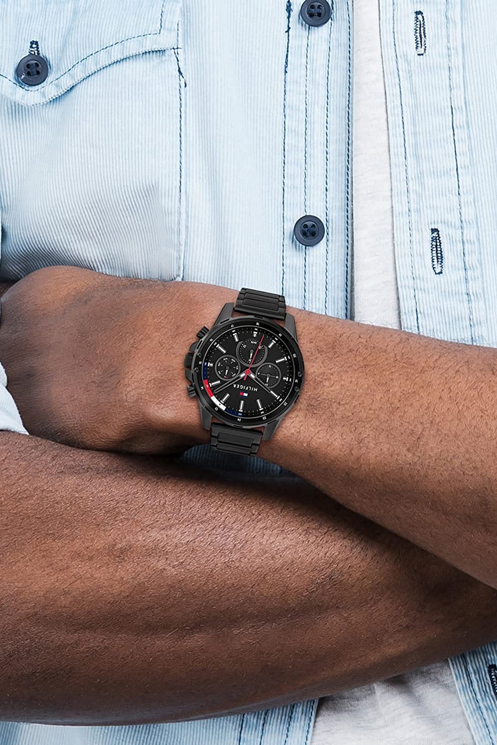 Tommy Hilfiger, Ceas cu functii multiple si bratara metalica, Negru ...