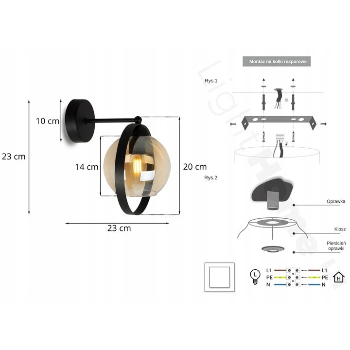 Aplica de perete, Light Home, Metal/Sticla, E27, LED, Negru/Transparent - eMAG.ro