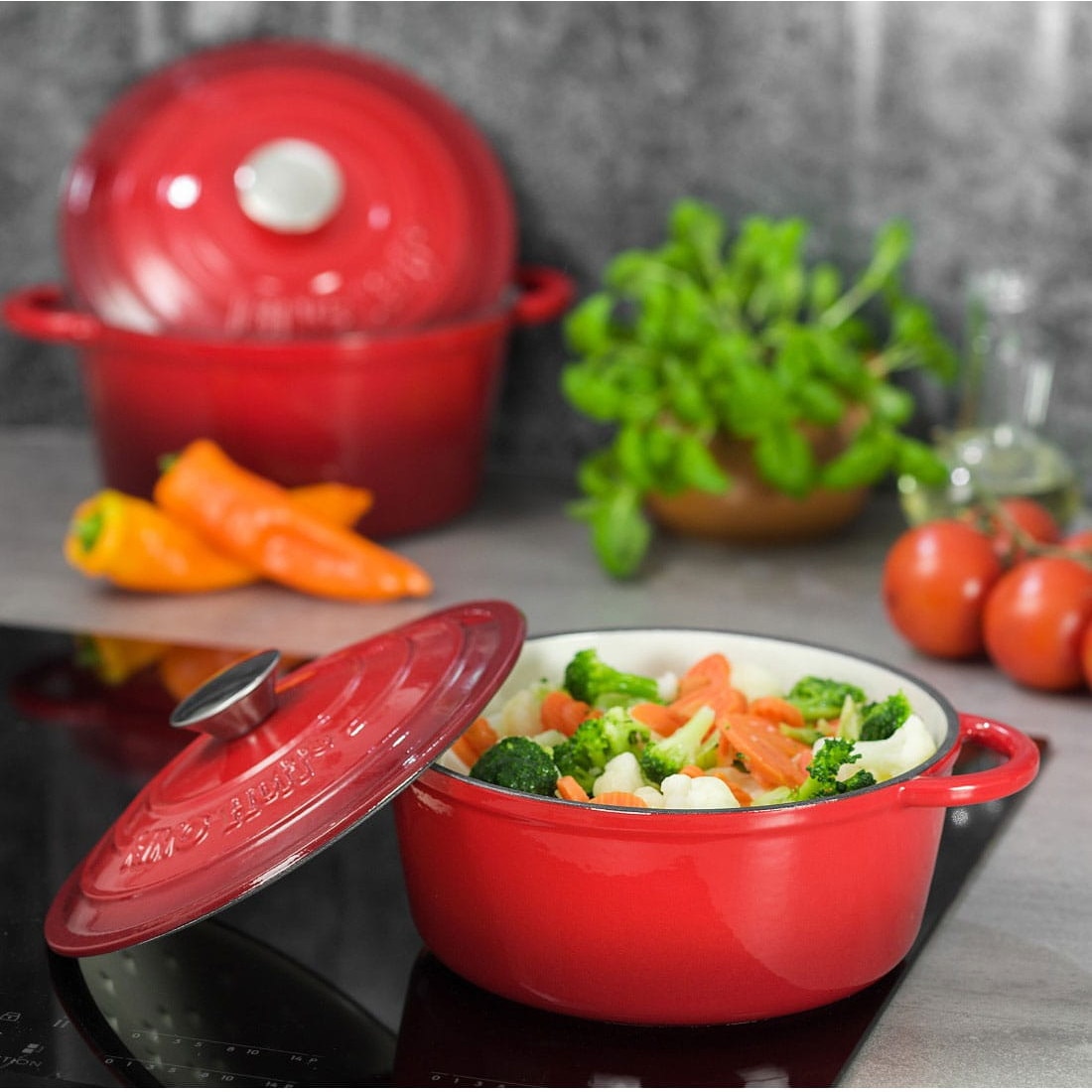 Oala din fonta emailata cu capac Kinghoff, Kh-1614, 2.4L, 21 cm, Rosu ...