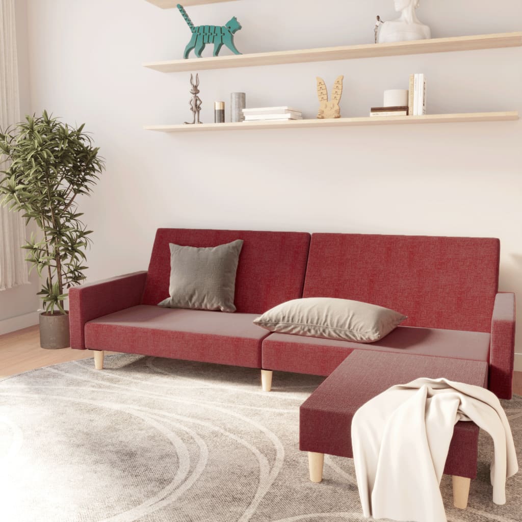 Canapea extensibila cu 2 locuri si taburet, rosu vin, textil ...