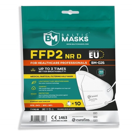 Комплект от 10 дихателни защитни маски FFP2 -Type IIR - Baltic Masks BM-026 NR, Сертификат CE ...