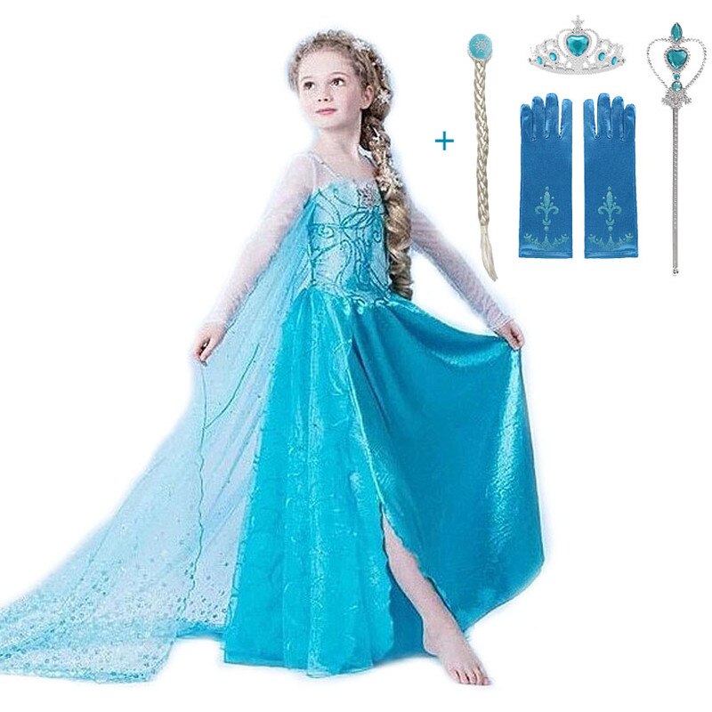 Rochie de printesa Elsa, Areout, Cu accesorii, 120cm, 4-6 ani, Albastru ...